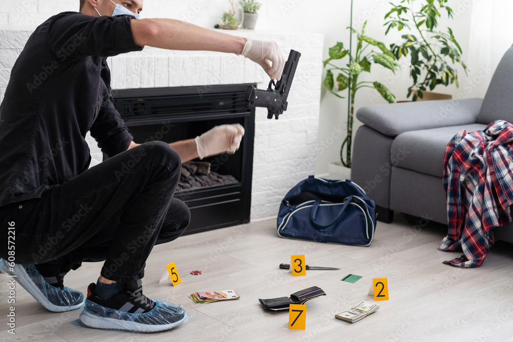 Detective Collecting Evidence in a Crime Scene. Forensic Specialists ...