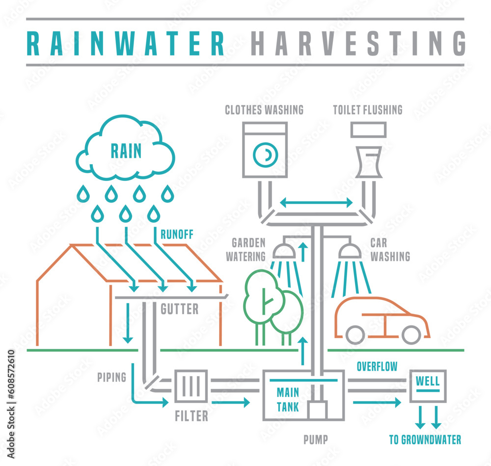Rainwater harvesting scheme. Editable isolated vector illustration ...