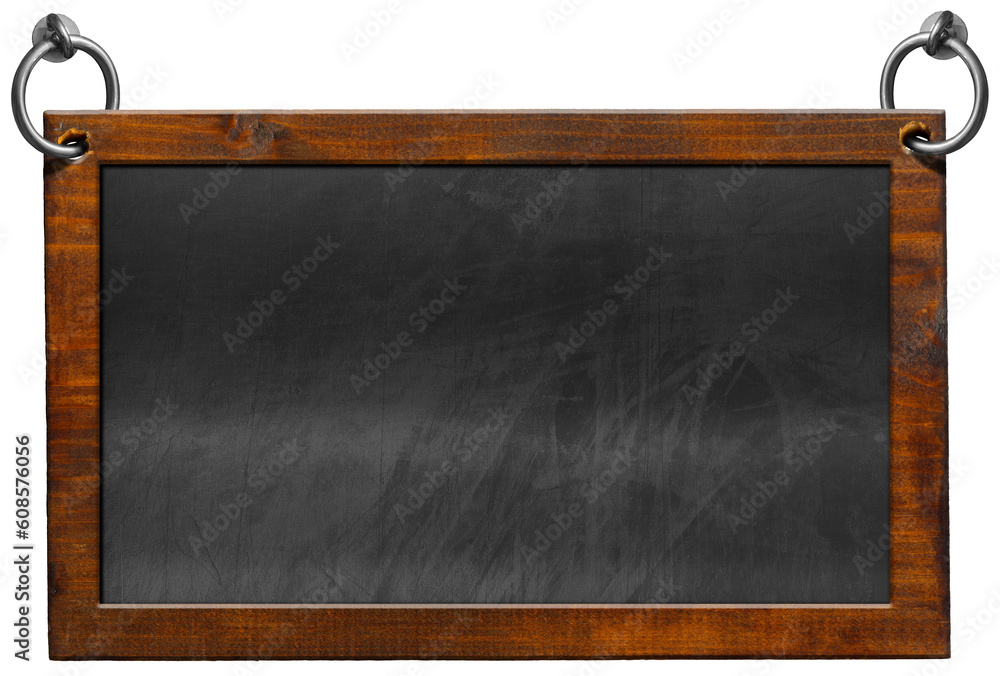 Old blank blackboard with wooden rectangular frame and steel rings for ...
