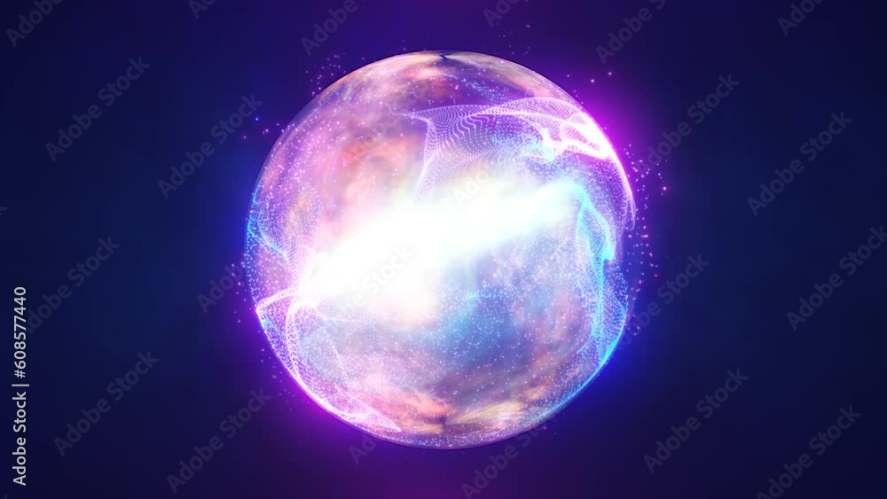 Abstract energy blue sphere with flying glowing purple particles and ...