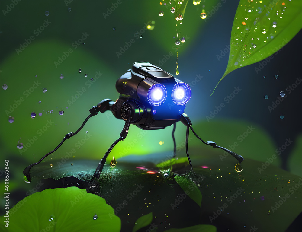 Weird core firefly robot in beautiful macro world, lush plant life ...