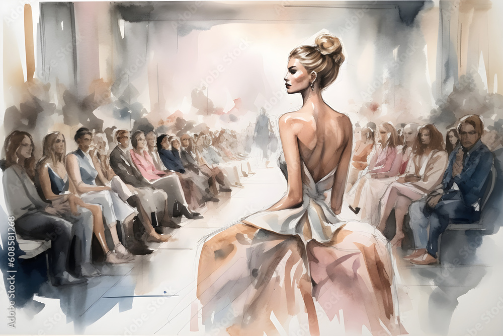Watercolor design of a beautiful model at a fashion show - Generative ...