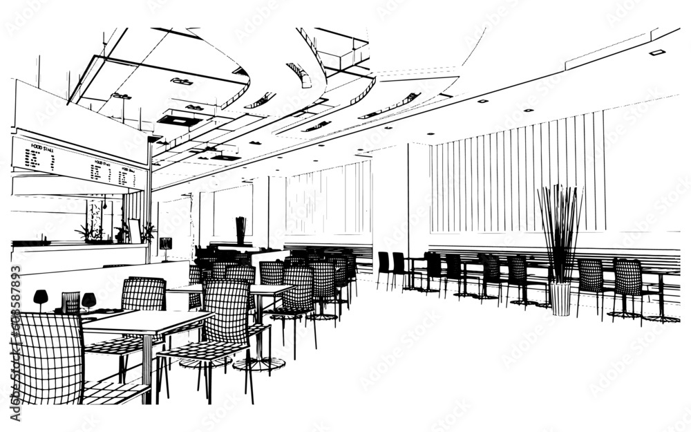 line drawing of the area of the department store hall, the food court ...
