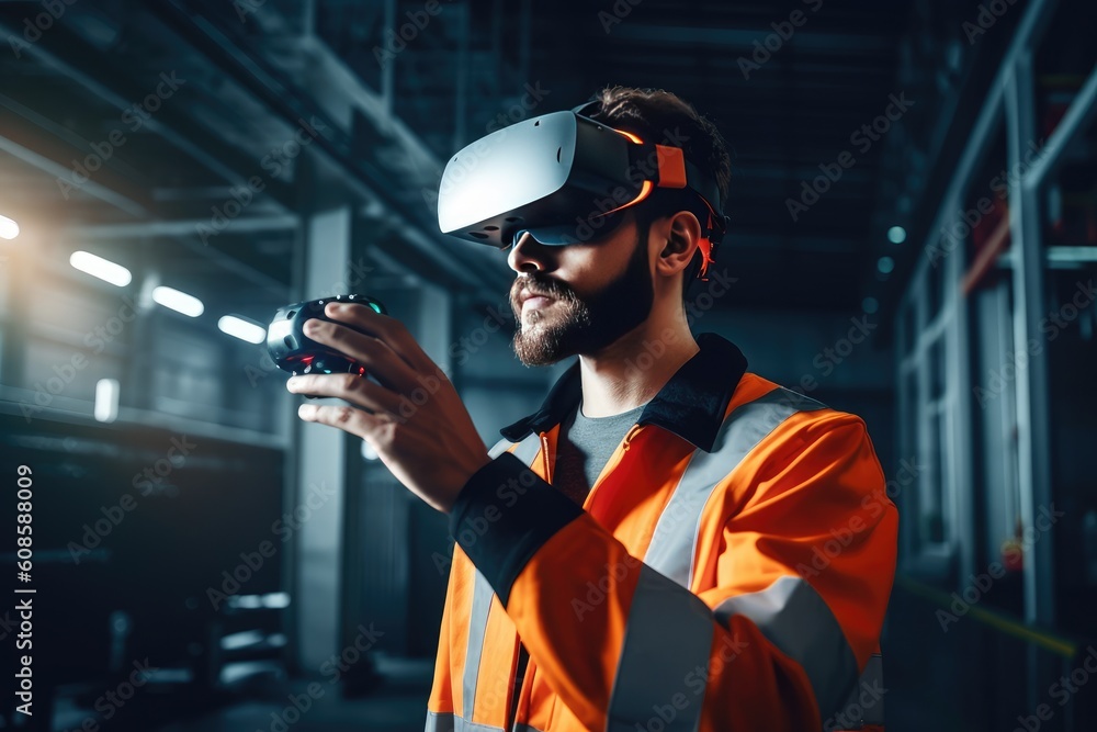 Concept of virtual reality technology. Men wearing VR headset, sparkle ...