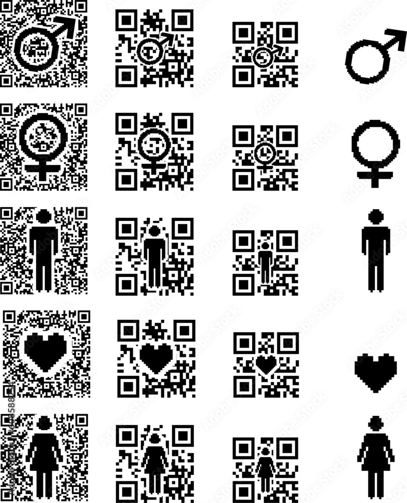 qr code icon man, woman, and heart. Icons femininity and masculinity ...