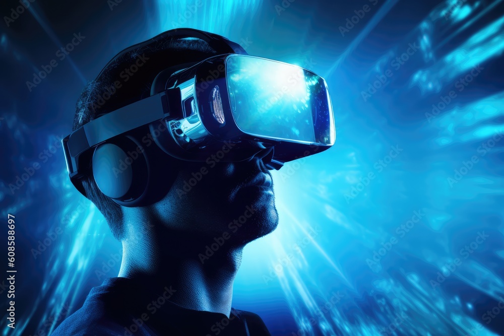 Concept of virtual reality technology. Men wearing VR headset, sparkle ...