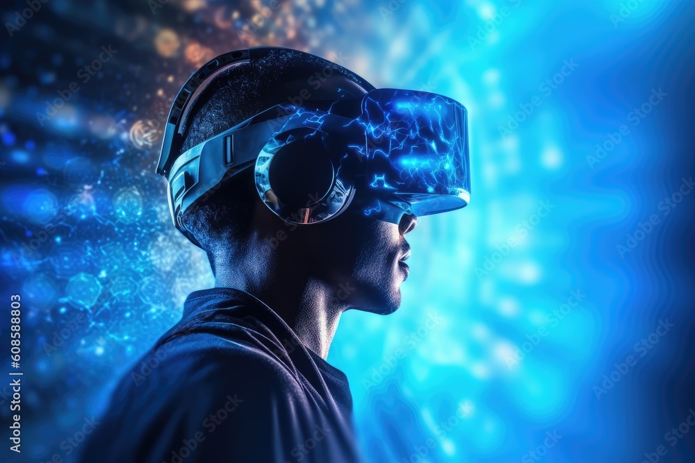 Concept of virtual reality technology. Men wearing VR headset, sparkle ...