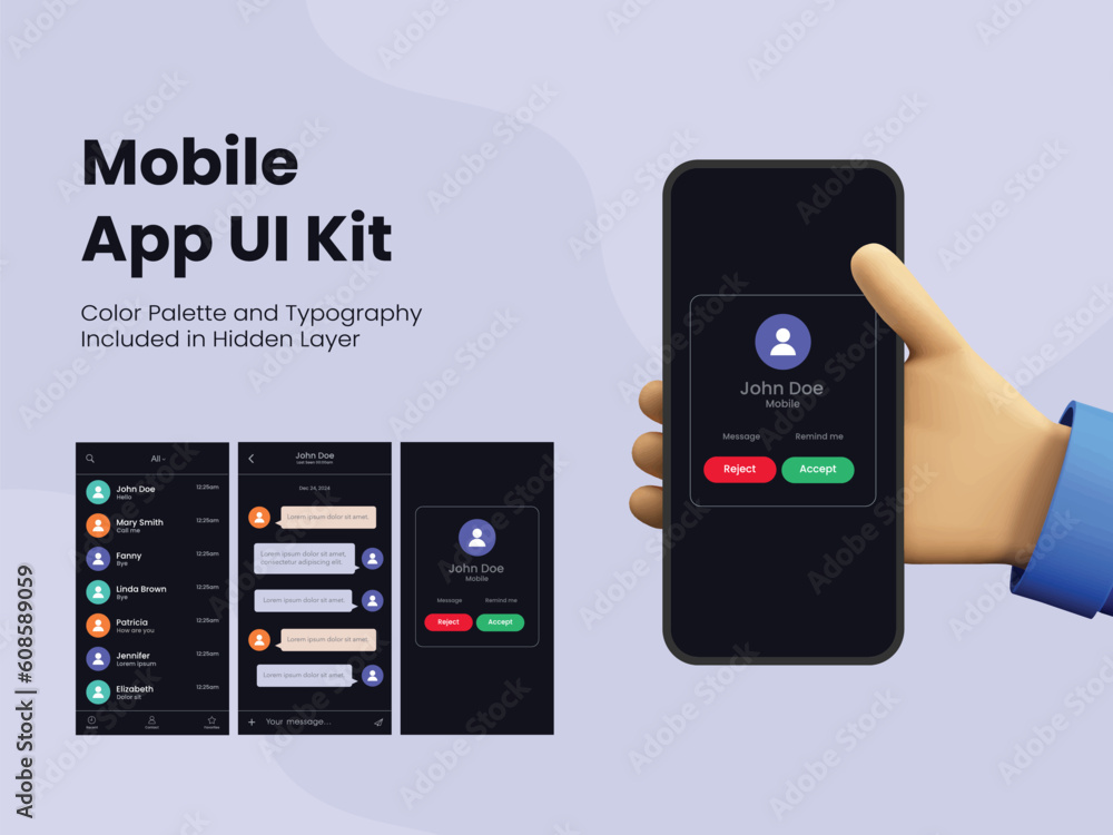 Mobile App UI Kit Including as Call Details, Message and Incoming Calls Accept and Reject Button ...