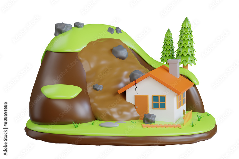 3d landslide disaster. 3d illustration of a natural disaster erosion ...