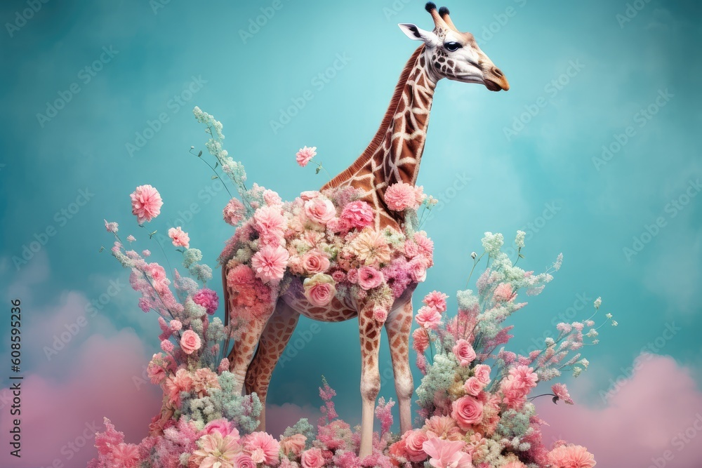 Cute giraffe with bouquet of flowers on blue background. Creative ...