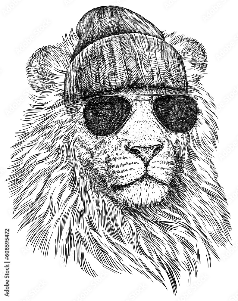 Vintage engraving isolated lion king set glasses dressed fashion ...