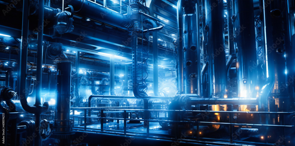 Illustration of an advanced industrial setup with pipes, blue lights ...