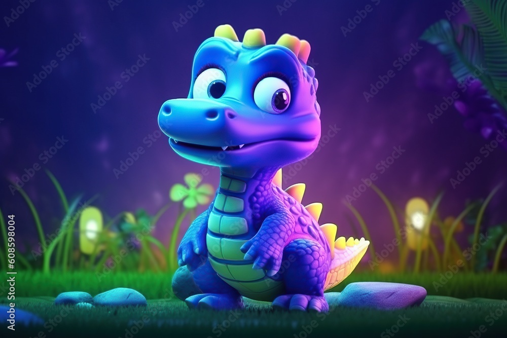 a cute adorable baby alligator character stands in nature by night with ...