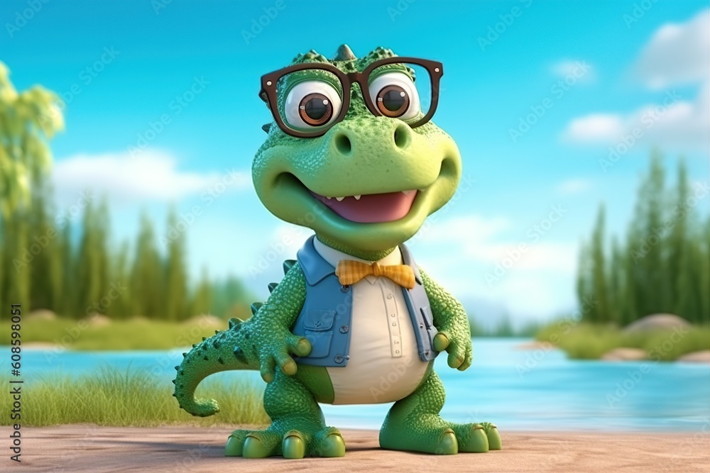 a cute adorable baby alligator with glasses character stands in nature ...