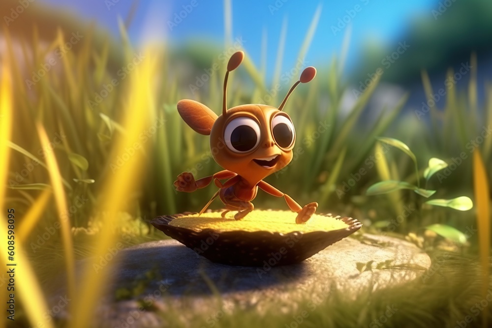 a cute adorable baby ant character stands in nature in the style of ...