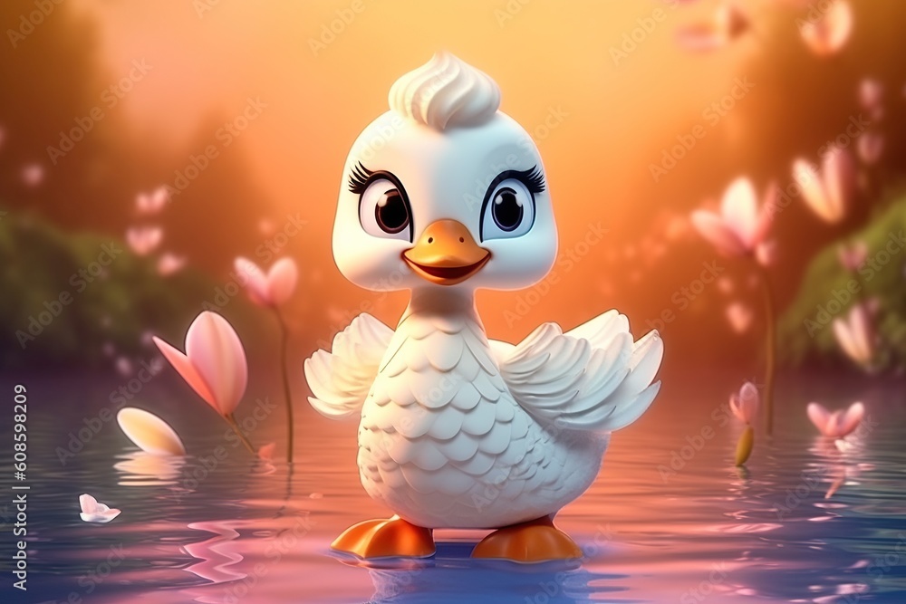 a cute adorable baby swan character stands in nature in the style of ...