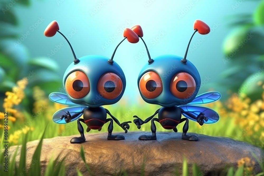 a cute adorable two baby ants character stands in nature in the style ...