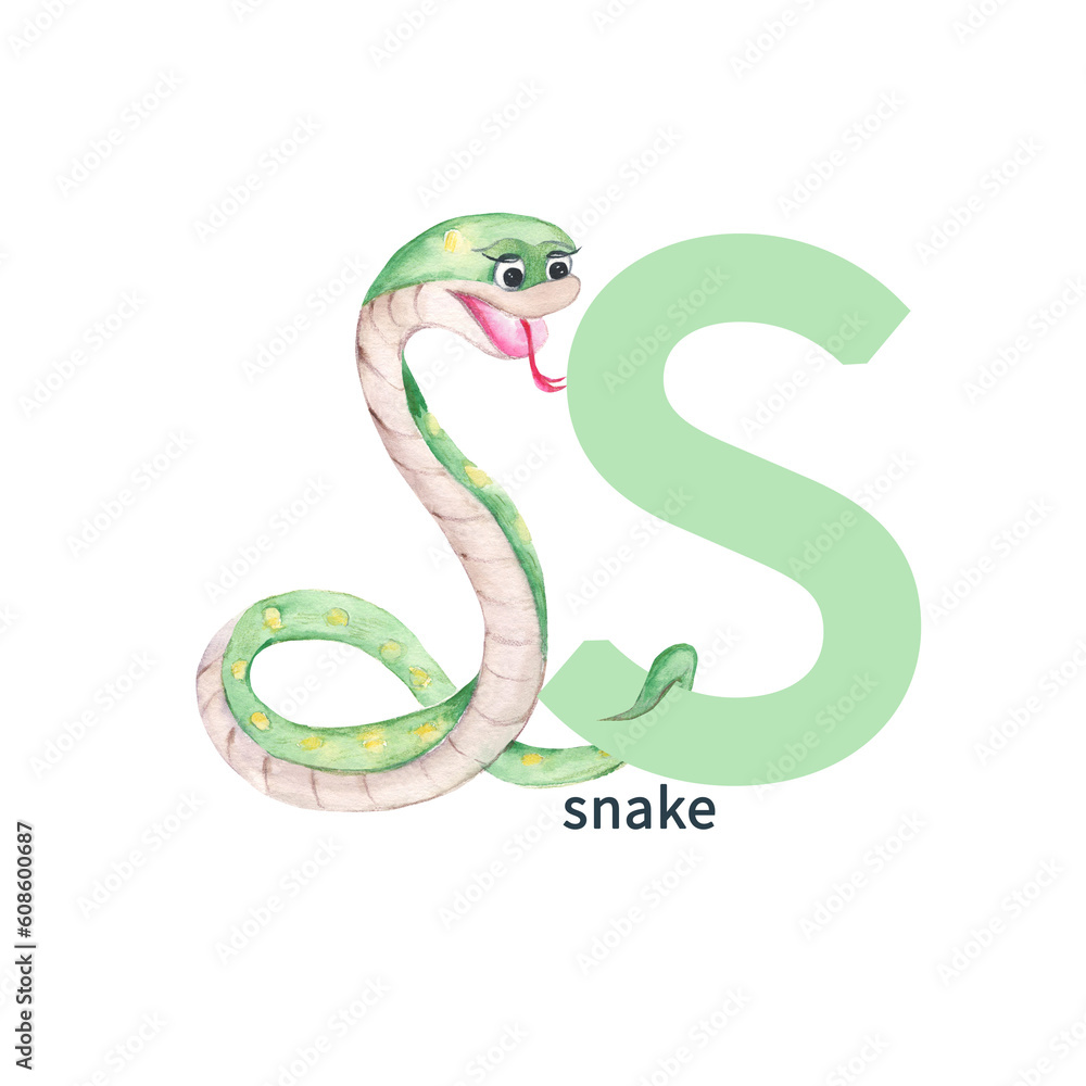 Letter S, snake, cute kids animal ABC alphabet. Watercolor illustration ...