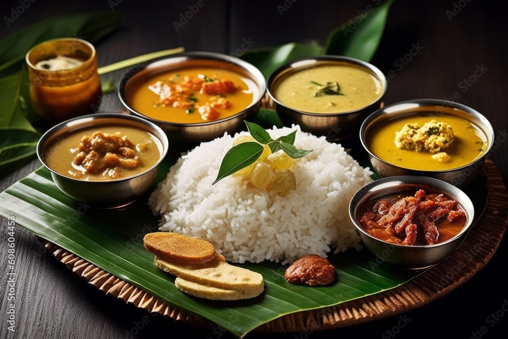 Traditional Onam sadhya: rice, Sambar, Rasam, parippu dal. Generative ...