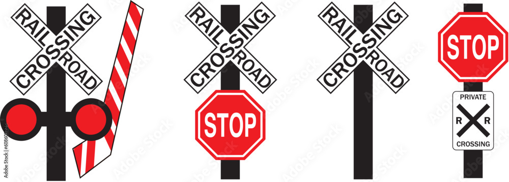 U.S. railroad crossing signs in 4 types: signal, stop sign, no stop ...