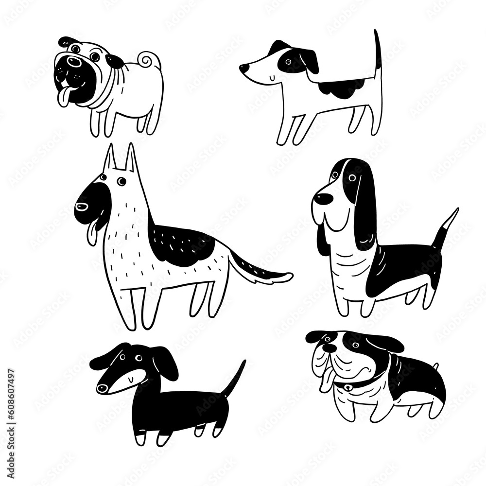 Cute and funny dogs doodle vector set. Cartoon dogs characters hand ...