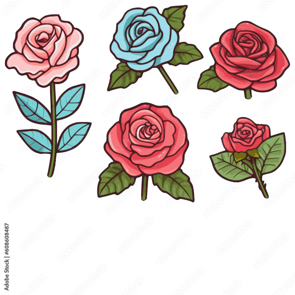 red roses vector collection, blue roses flat design set, graphic rose ...