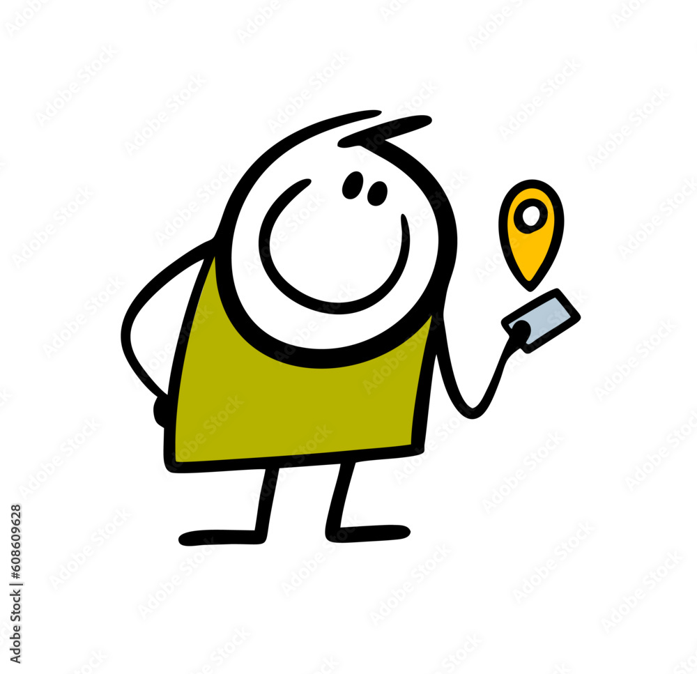 Funny stickman holding smartphone and looking for location mark on the ...