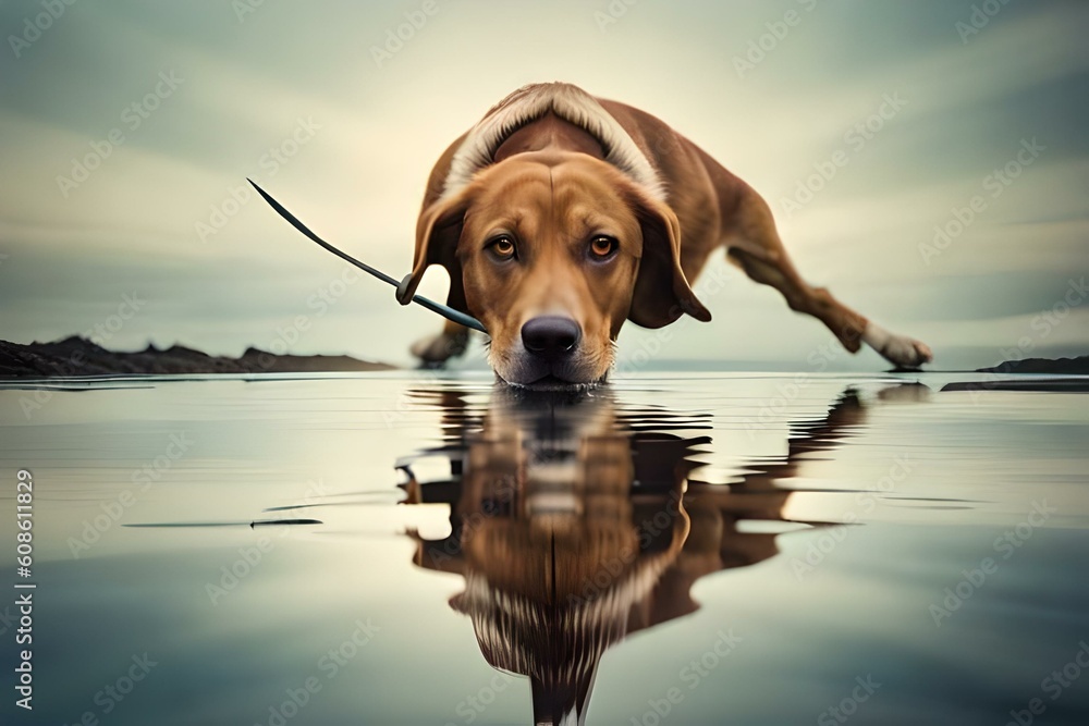 A playful and mischievous dog with a bone in its mouth, looking into a ...