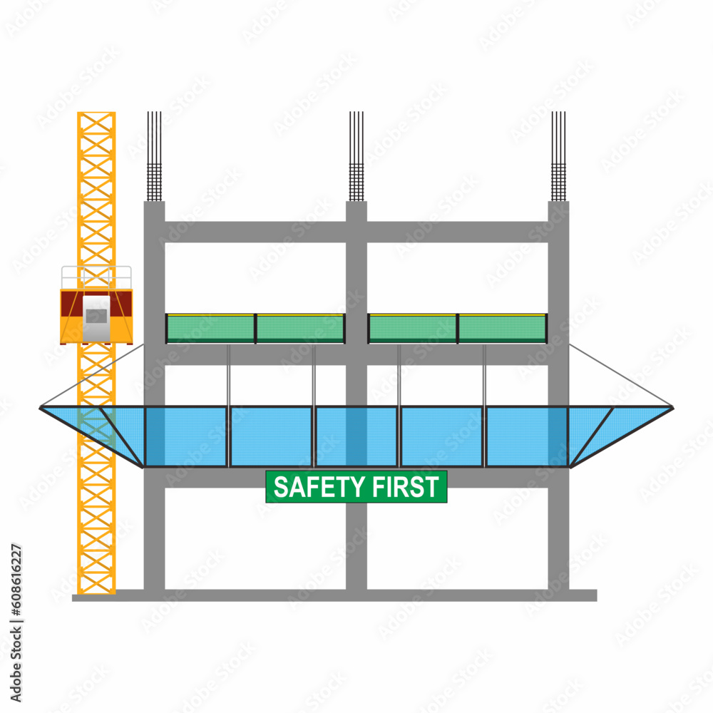 High rise building construction work illustration with passenger hoist ...