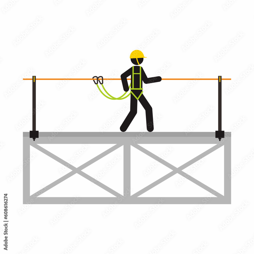 Tied off safety harness to the lifeline. Vector illustration, sign, and ...