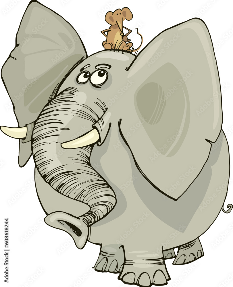cartoon illustration of funny elephant with mouse on his head Stock ...