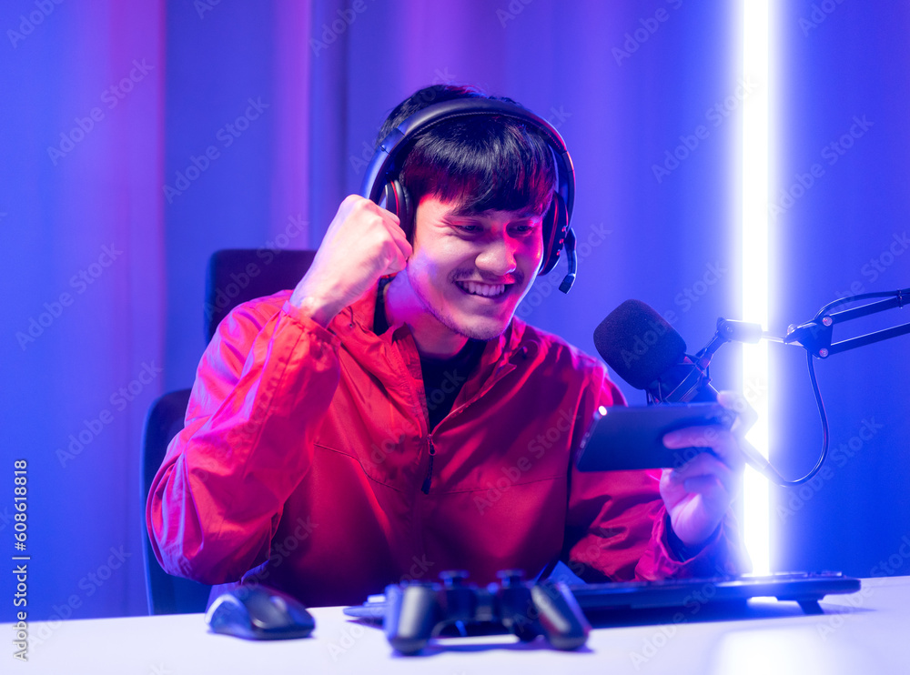 Professional gamer casting podcast walkthrough review. Young asian man ...