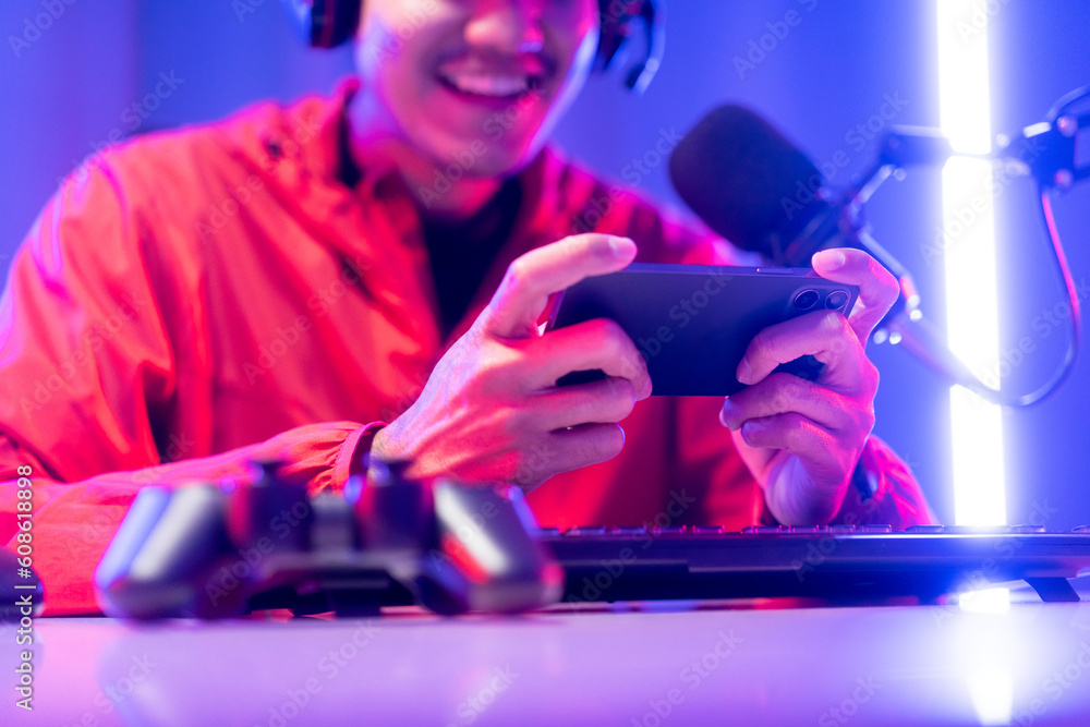 Professional gamer casting podcast walkthrough review. Young asian man ...