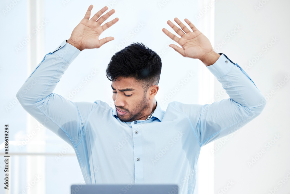 Professional, man and sweat on shirt at the office with anxiety stress ...