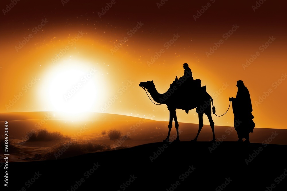 Silhouette of Joseph and Mary on camel across desert. Christmas scene ...