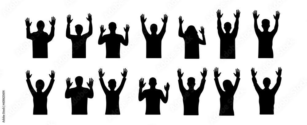 Silhouettes of people hands up isolated on white background. Human ...