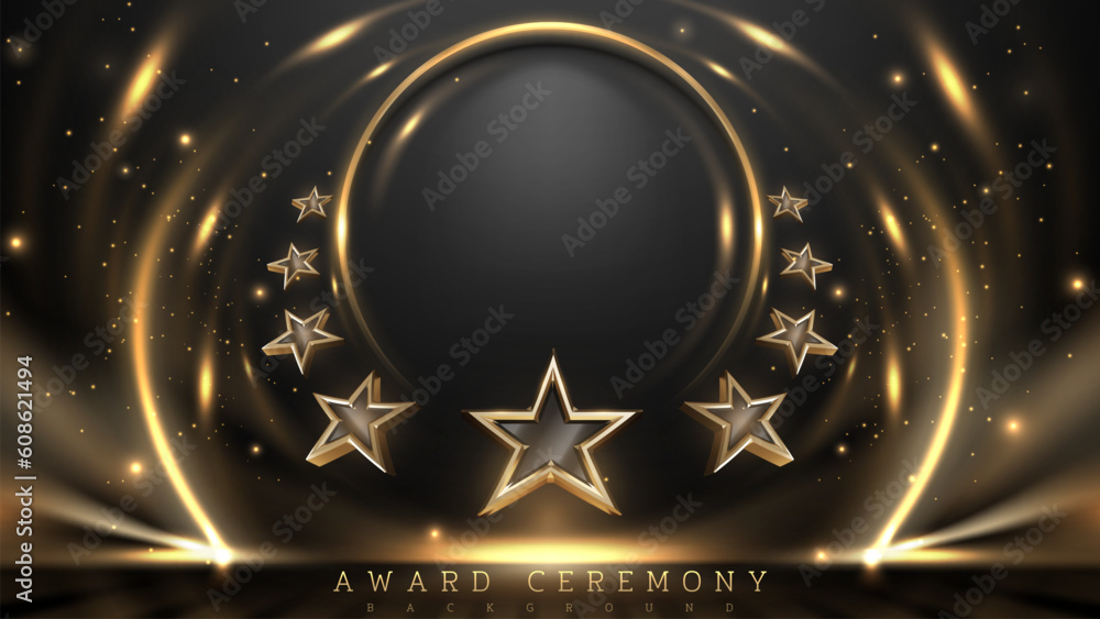 3d star around gold circle frame with glitter light effects and bokeh ...