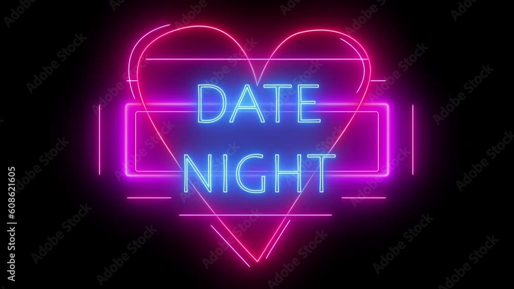 date night text neon lights background with hearth in back Stock Video ...