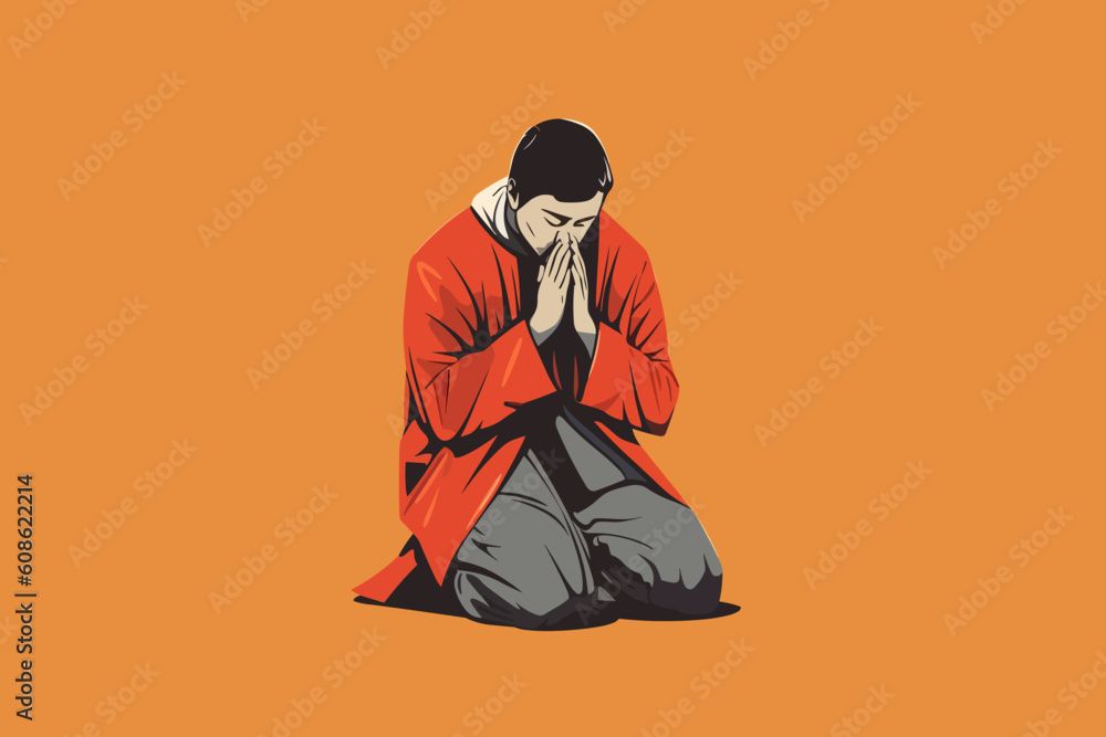 Doodle inspired Parishioner praying, cartoon sticker, sketch, vector ...