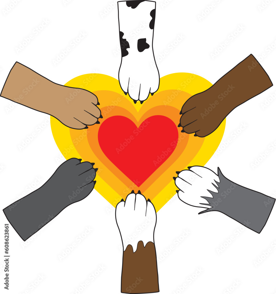 A central, radiating heart image, has dog paws placed upon it as a ...