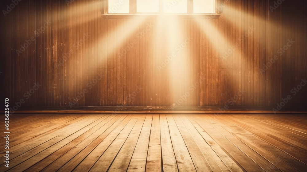 wooden empty room of house or ranch with sun rays filtering on window ...