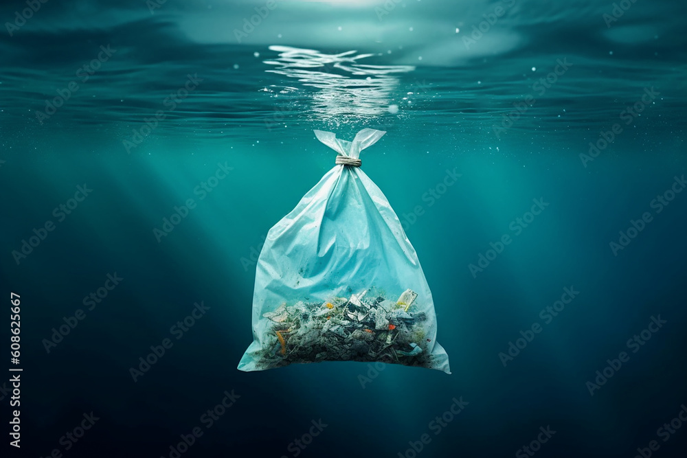 Garbage in a garbage bag floating in the ocean underwater. Ocean ...