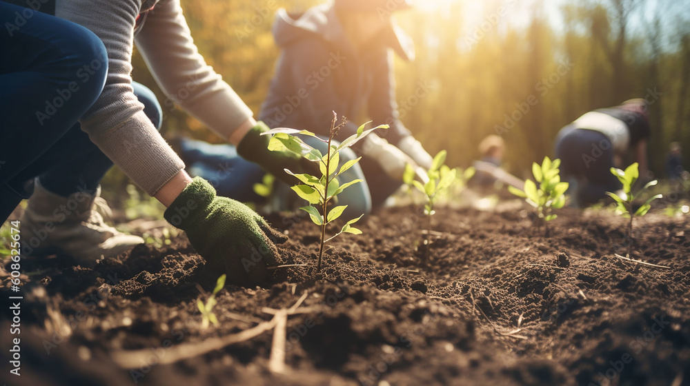 People plant trees with their hands or work in the public garden ...