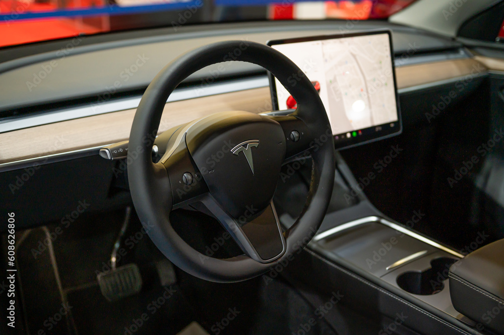 interor of Tesla Model Y. Tesla screen, steering wheel, interor car ...