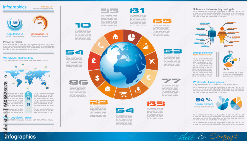 infographics page with a lot of design elements like chart, globe ...
