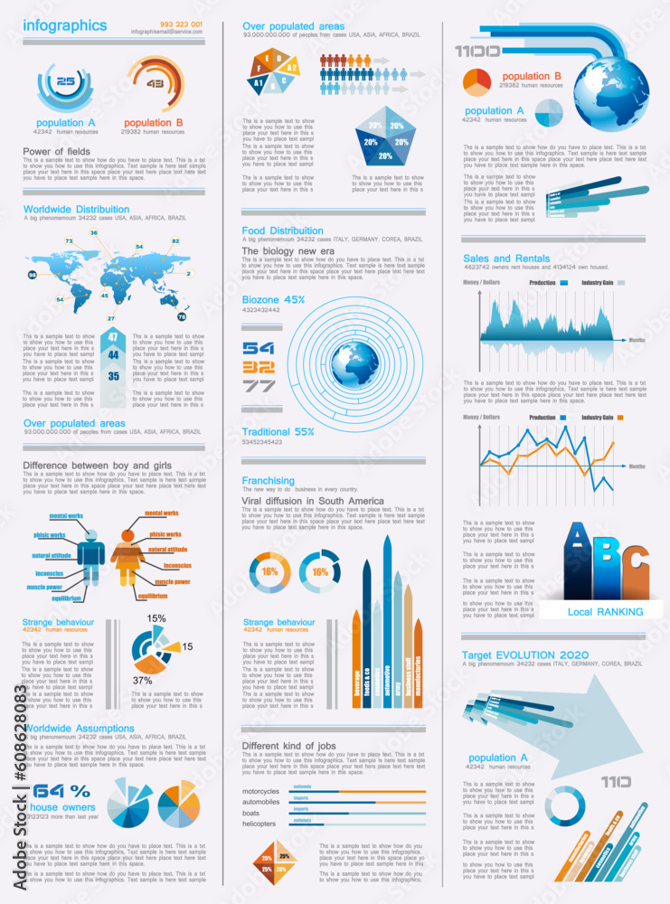 infographics page with a lot of design elements like chart, globe ...