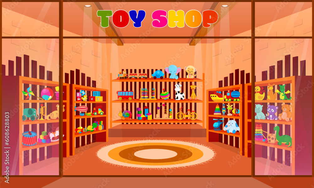 Toy shop with shelves. Showcases with colored dolls for children. Big ...