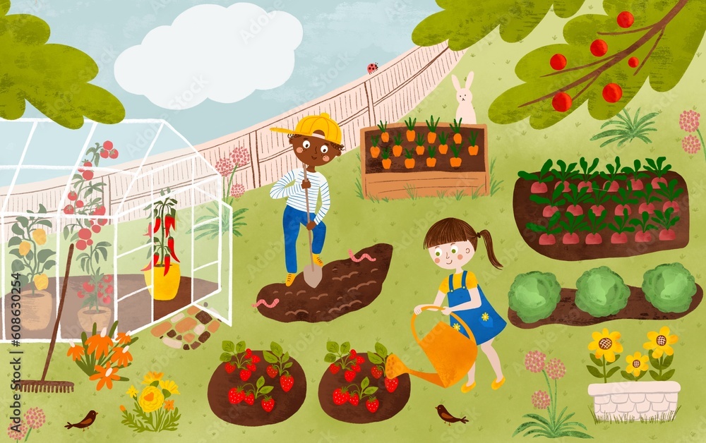 Children gardening horizontal banner with cartoon kids helping in the ...
