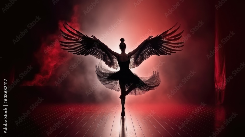 Female ballet dancer with black swan wings in black feathers tutu dress ...