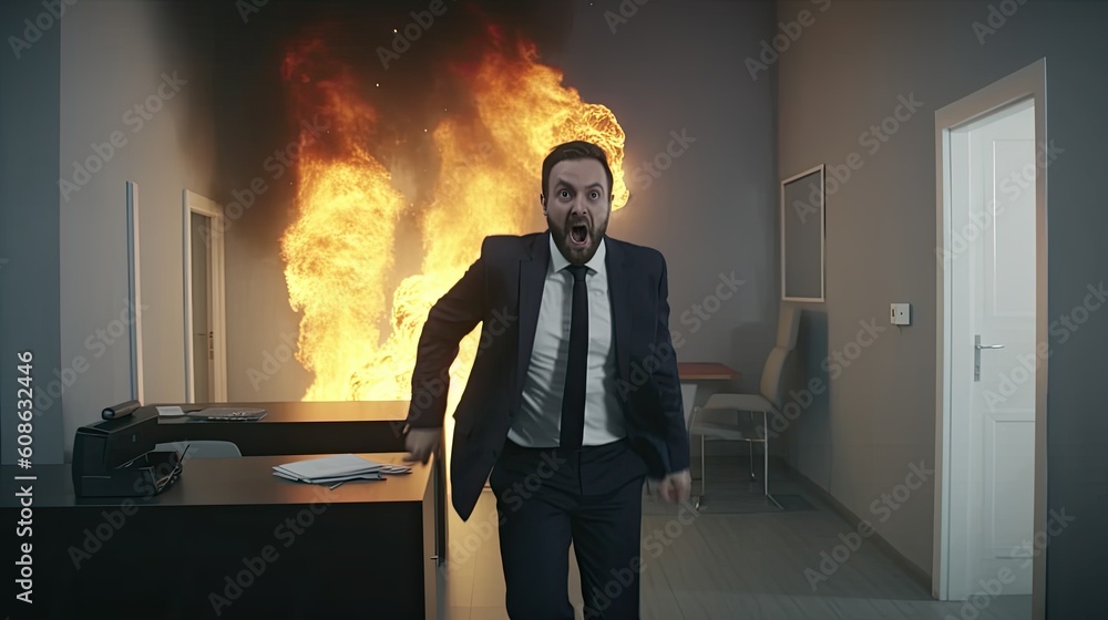 Scared man running away from fire in office, screaming office employee ...
